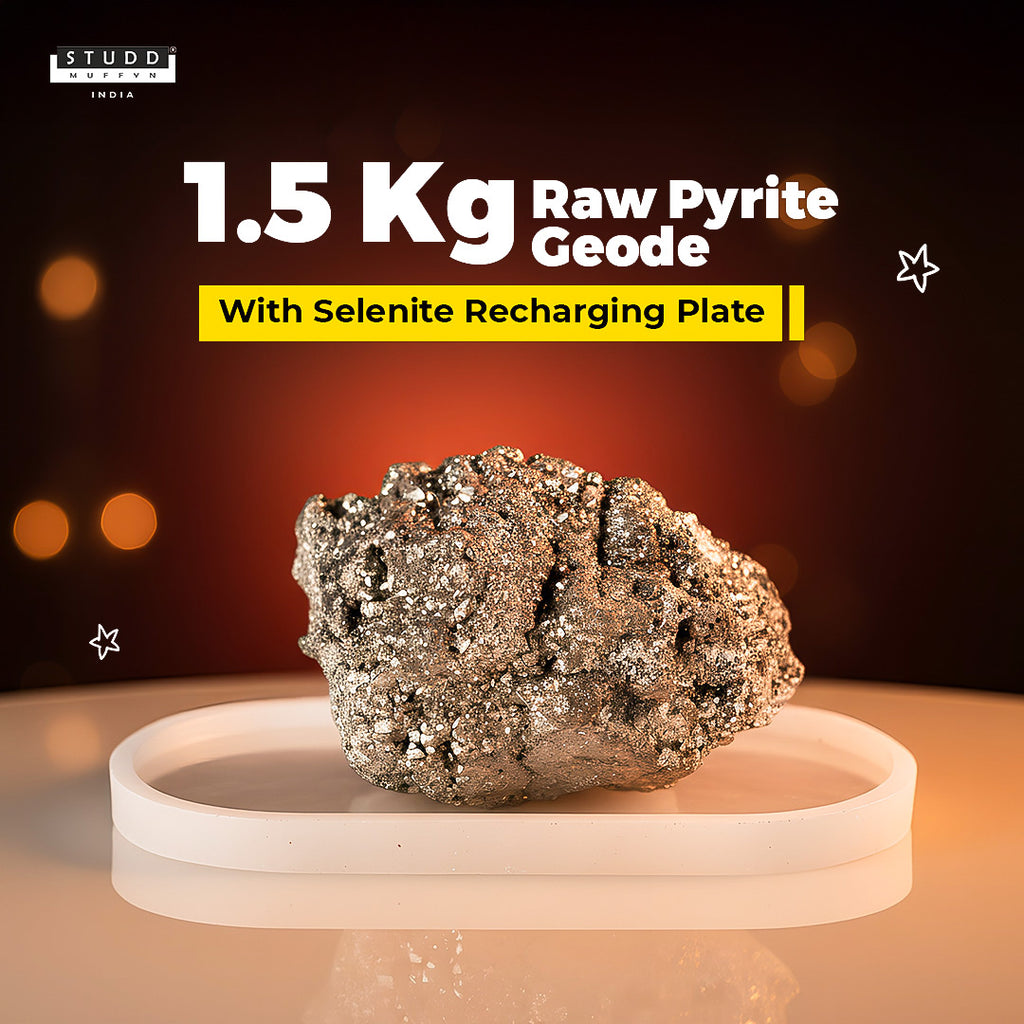 1.5 Kg Raw Pyrite Geode Stone With Selenite Recharging Plate – Studd Muffyn