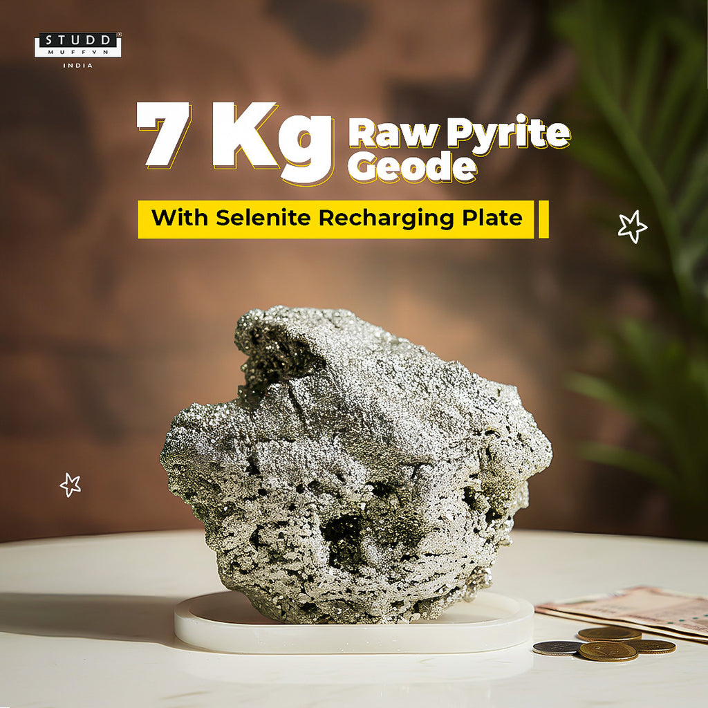 7 Kg Raw Pyrite Geode Stone With Selenite Recharging Plate – Studd Muffyn