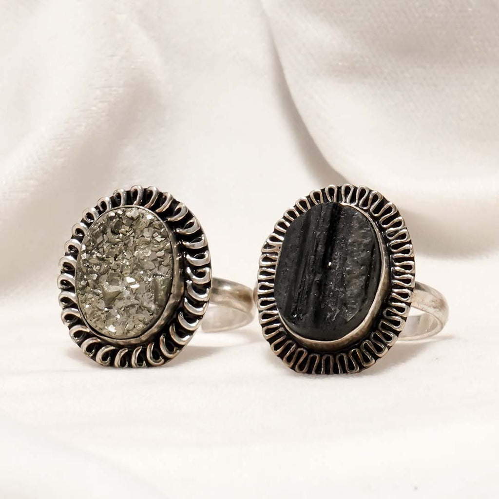 Crystal Shield ( Black Tourmaline Ring +Pyrite Geode Ring ) – Studd Muffyn