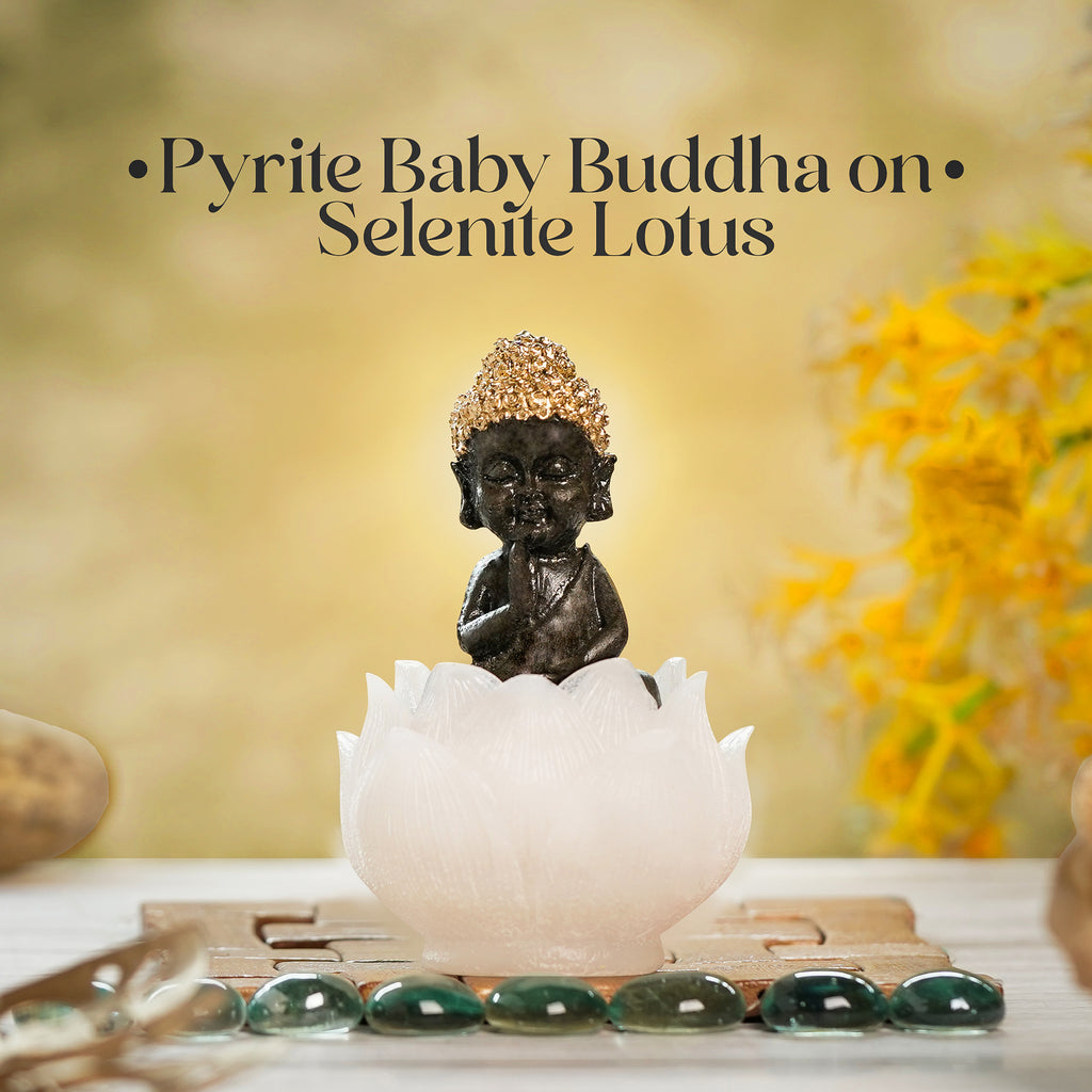Pyrite Baby Buddha on Selenite Lotus – Studd Muffyn