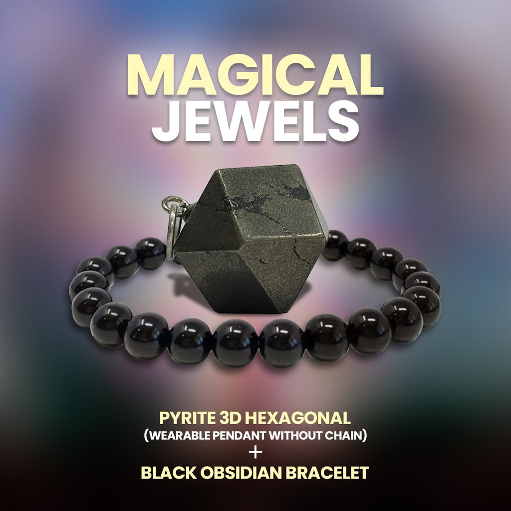 Magical Jewels ( Pyrite 3D Hexagonal Pendant (without chain) & Black O ...